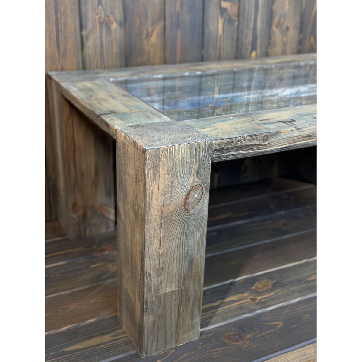 SOLD 43"L Glass top, reclaimed wood side table – Alive Edge Designs